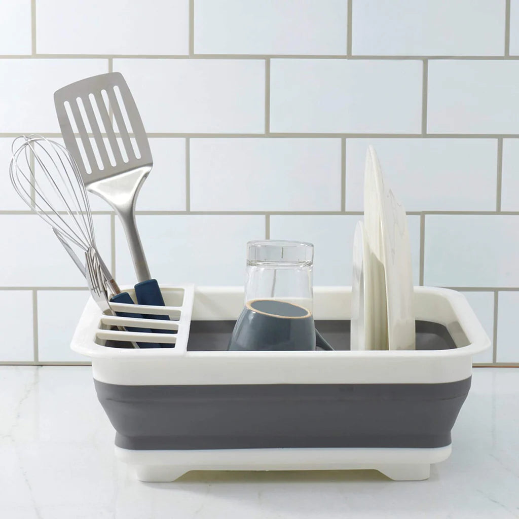 Pop Up Collapsible White Plastic and Grey Silicone Dish Rack – Michael ...